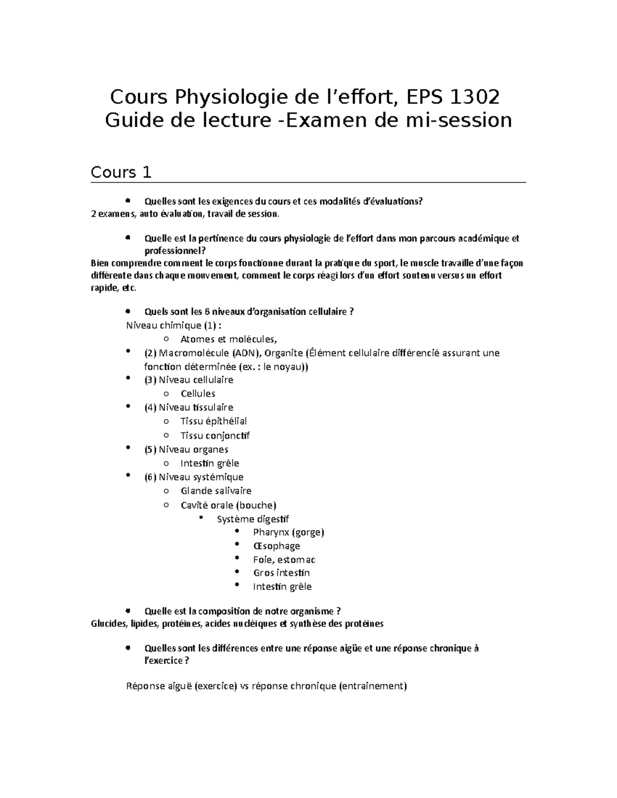 Guide de lecture - Examen de mi-session - Cours Physiologie de l’effort, EPS 1302 Guide de ...