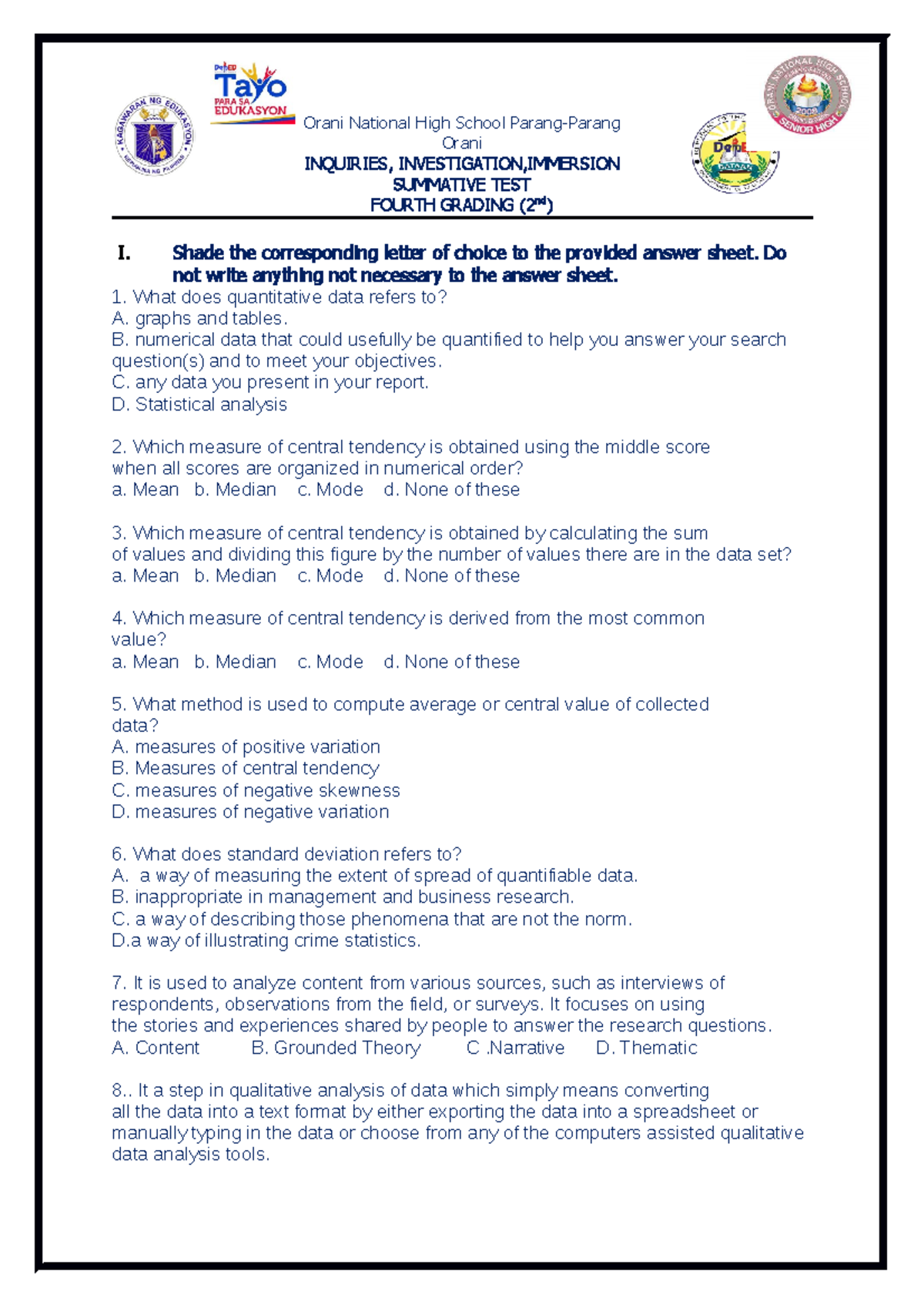 3I'S Summative (Q4-2) - A sample exami on 3is - Orani National High ...