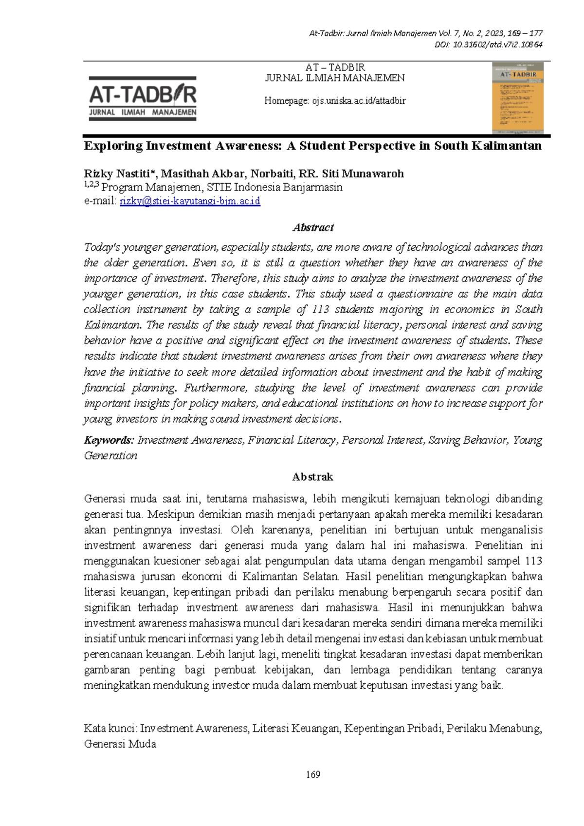 10864 30068 1 PB - DOI: 10.31602/atd. AT – TADBIR JURNAL ILMIAH MANAJEMEN Homepage: - Studocu