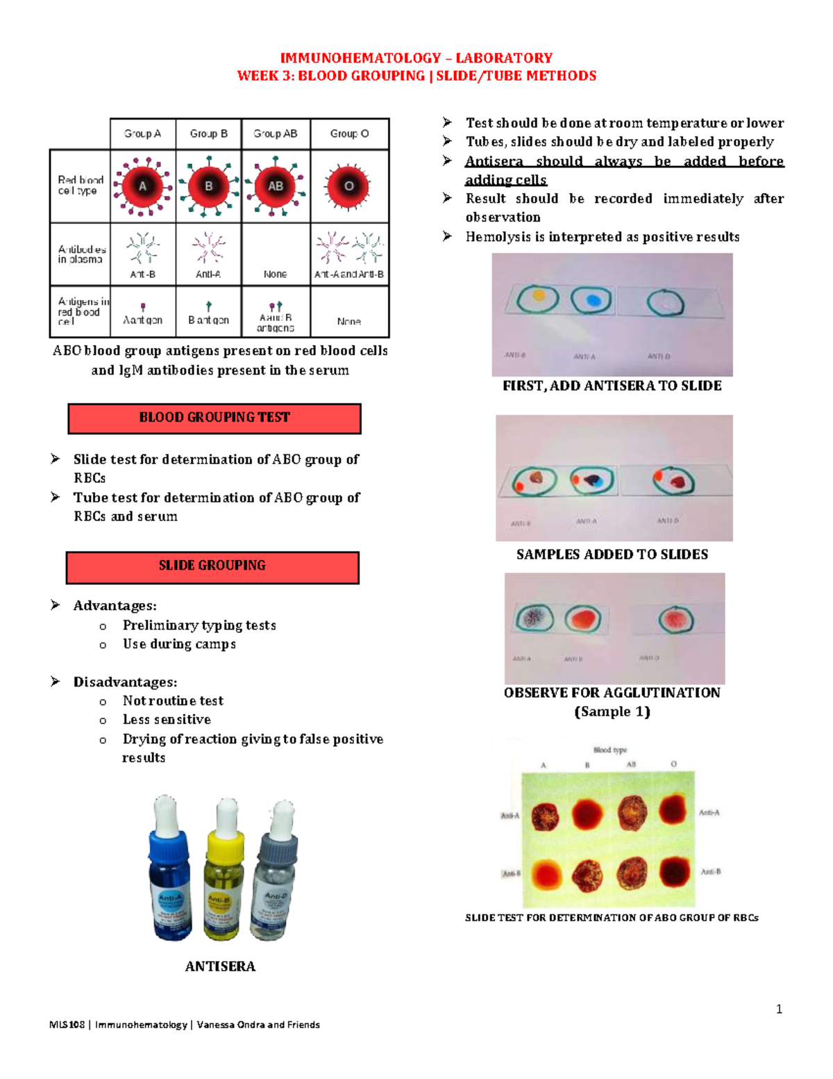 Immunohema LAB WEEK 3 - BLOOD GROUPING | SLIDE/TUBE METHODS - WEEK 3 ...