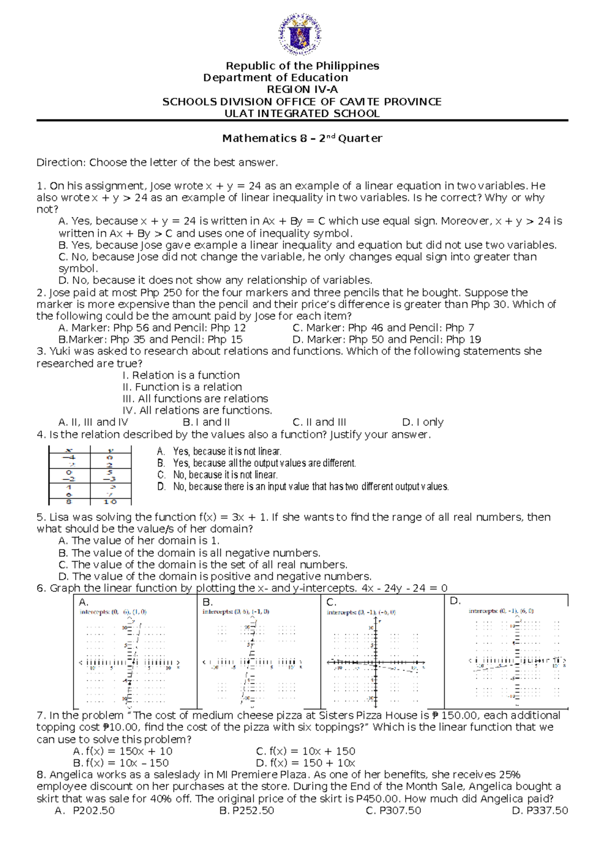 Second Quarter Periodic Test - Republic of the Philippines Department ...