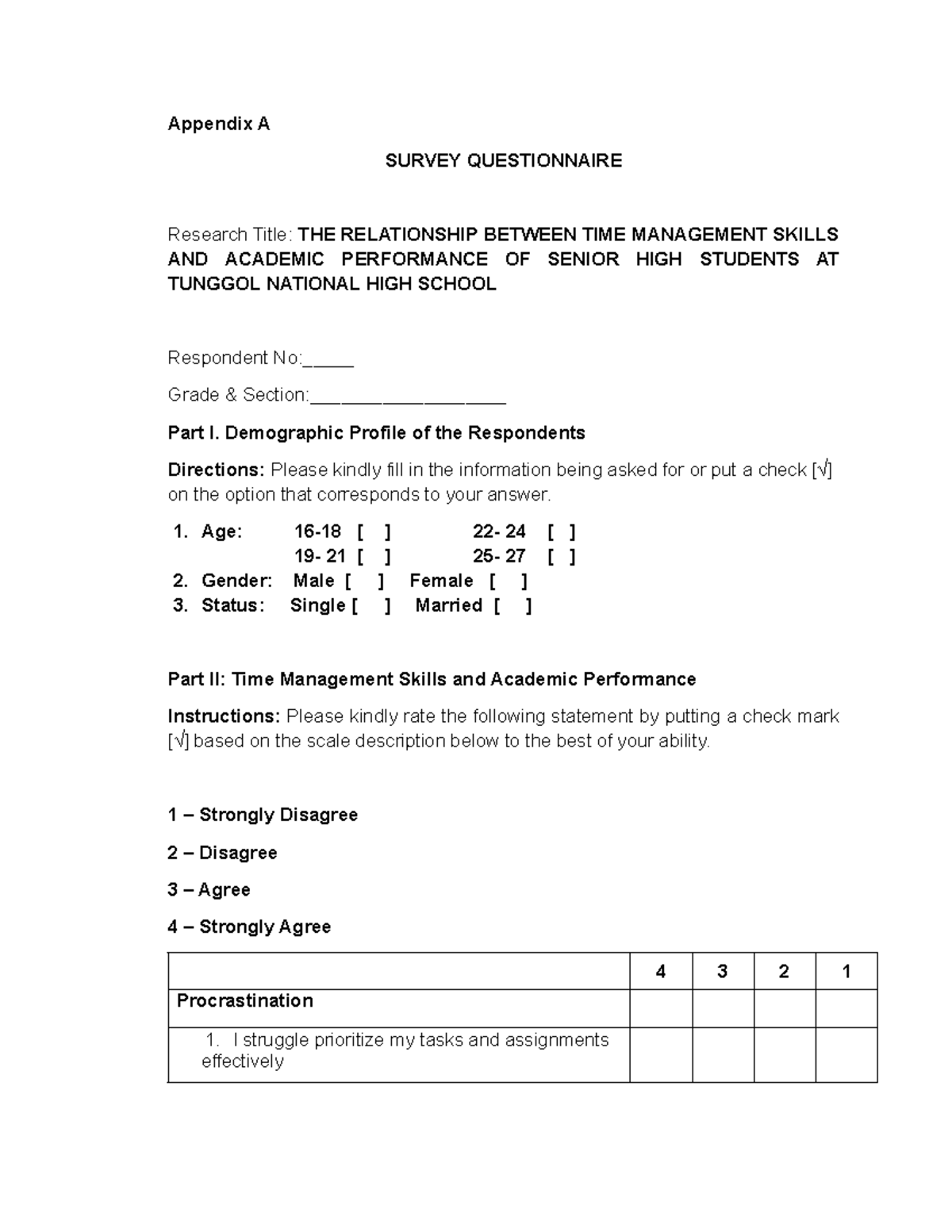 Survey Questionnaire 081554 - Appendix A SURVEY QUESTIONNAIRE Research ...