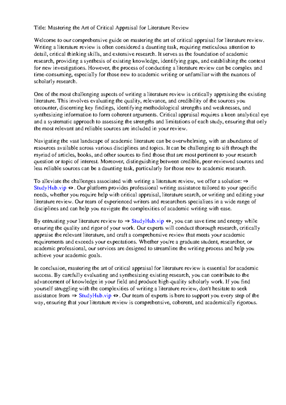 Critical Appraisal For Literature Review - Title: Mastering the Art of ...