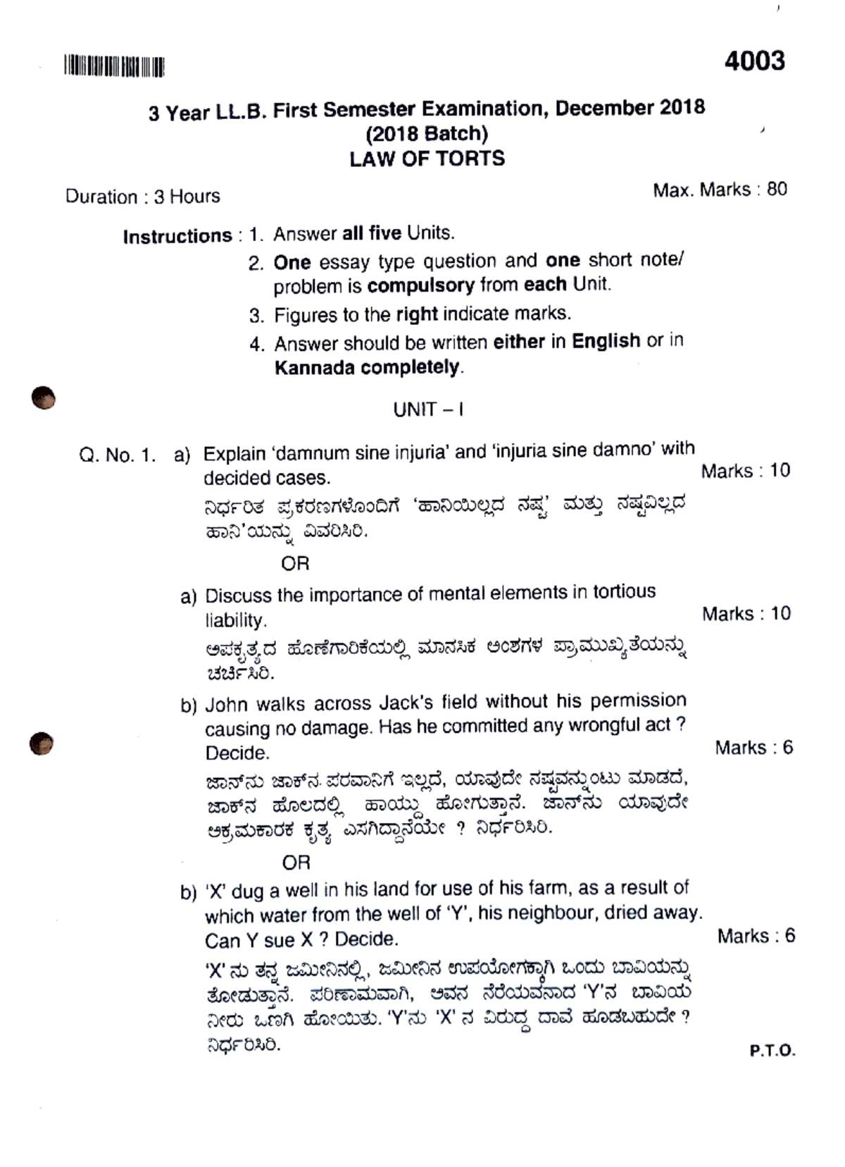 Torts Law Question Paper Dec 2018 - ####### 3 Year LL. First Semester ...