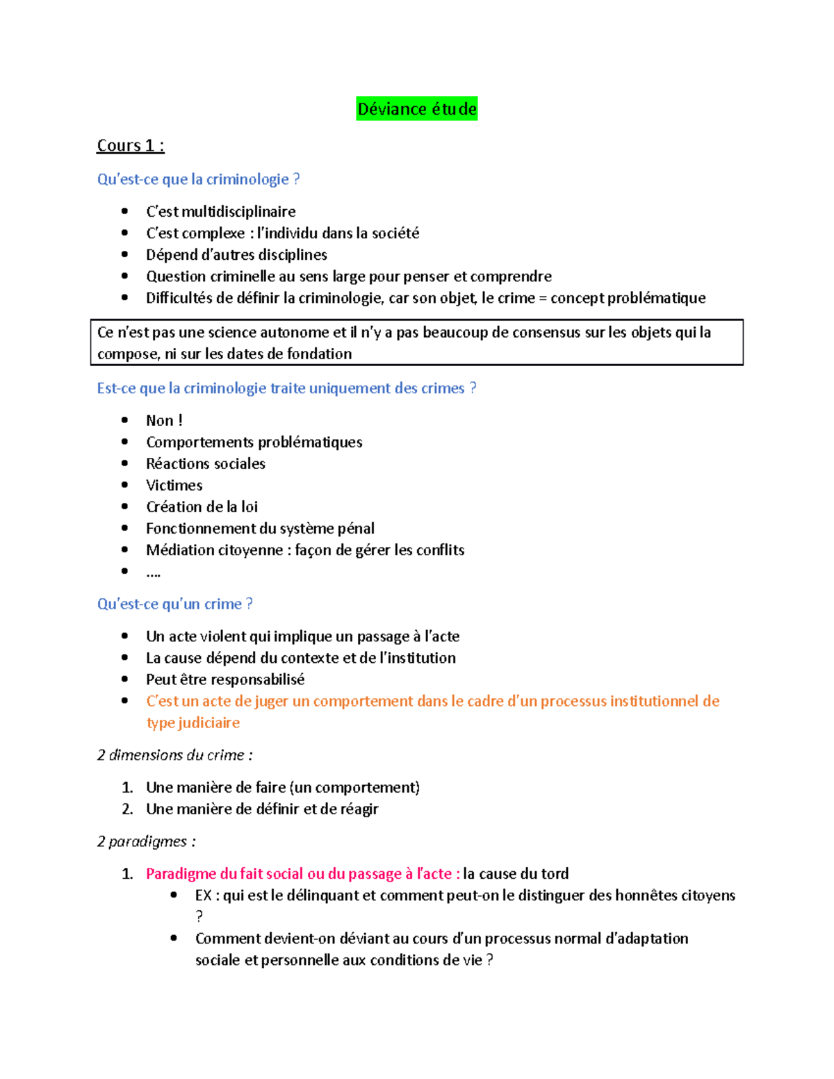 Déviance étude - Résumé de la matière pour l'examen 1 - Déviance étude ...