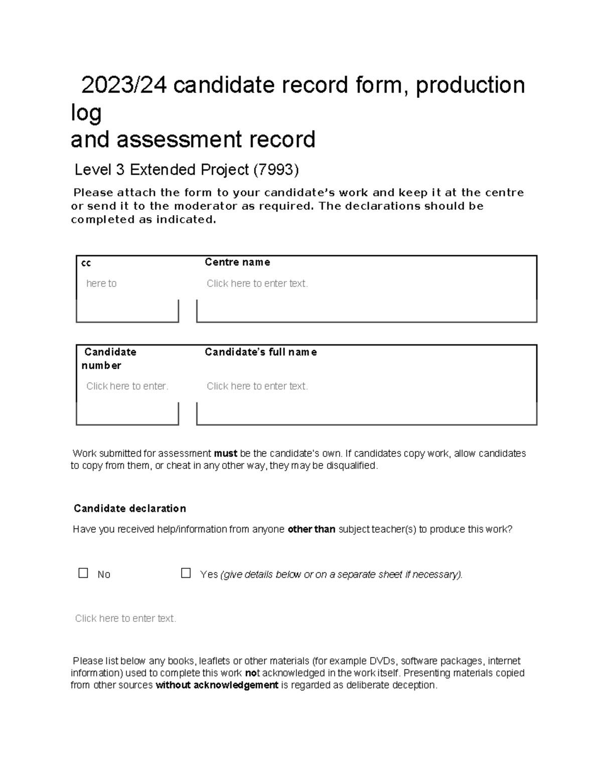 Document - recent - 2023/24 candidate record form, production log and assessment record Level 3 ...