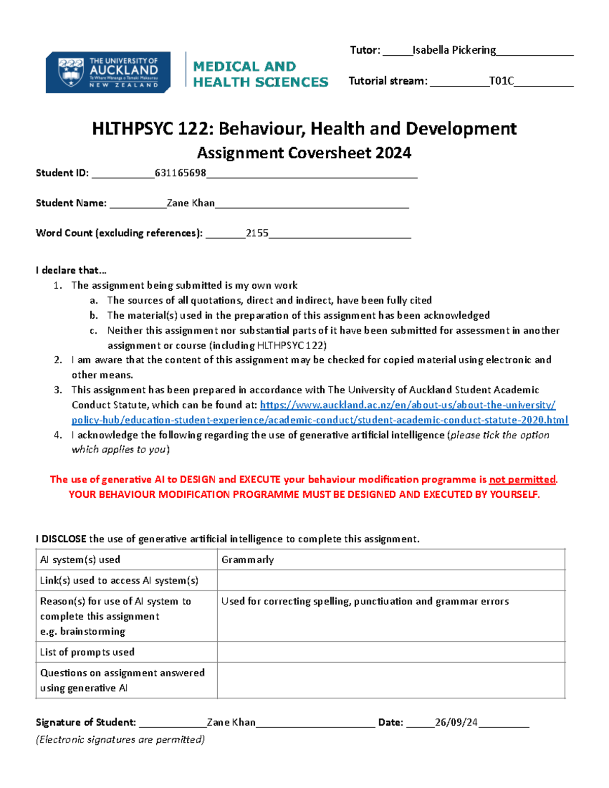 Final Behaviour Modification - Zane - Tutor: Isabella Pickering________ Tutorial stream: T01C ...