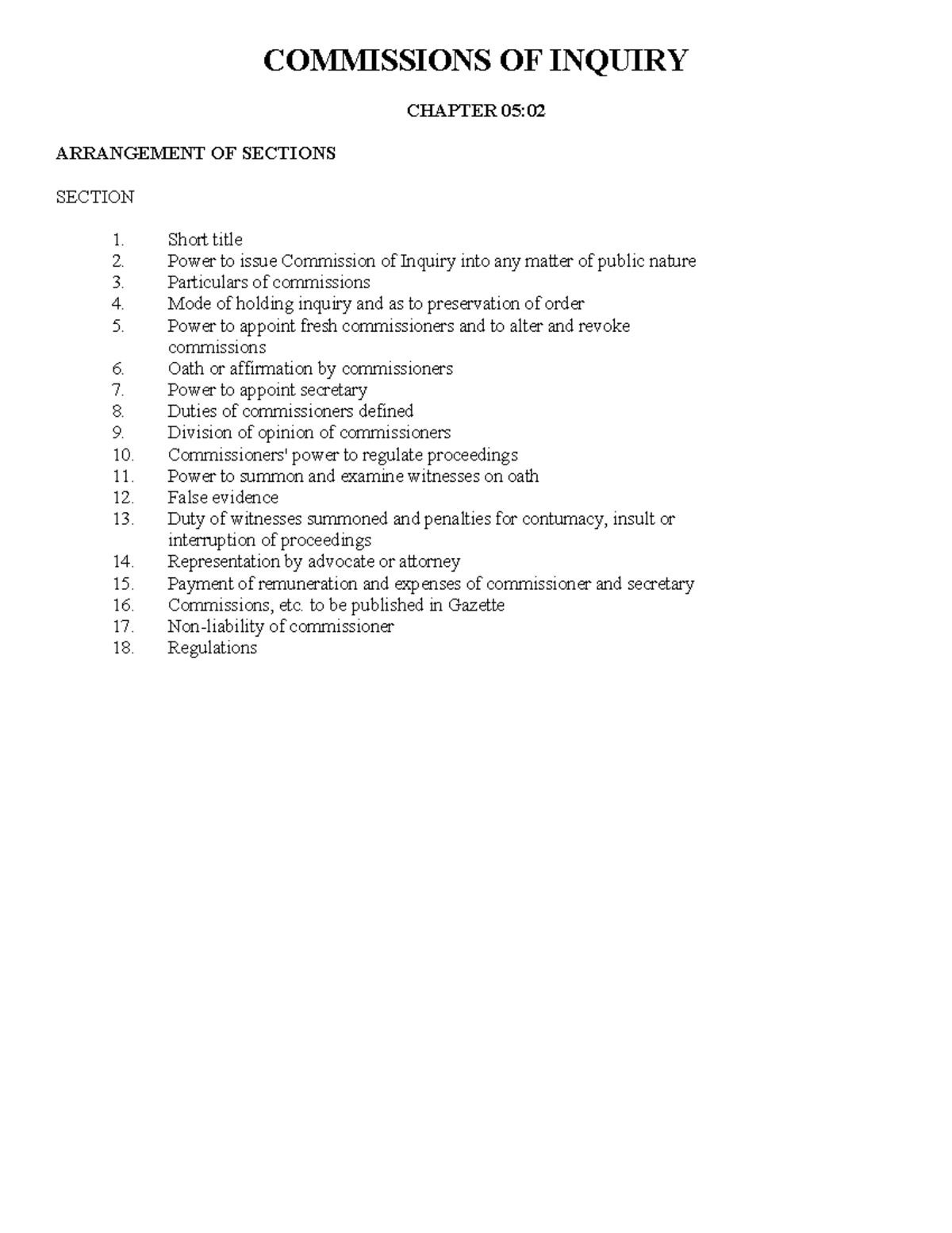Commissions OF Inquiry - COMMISSIONS OF INQUIRY CHAPTER 05: ARRANGEMENT ...