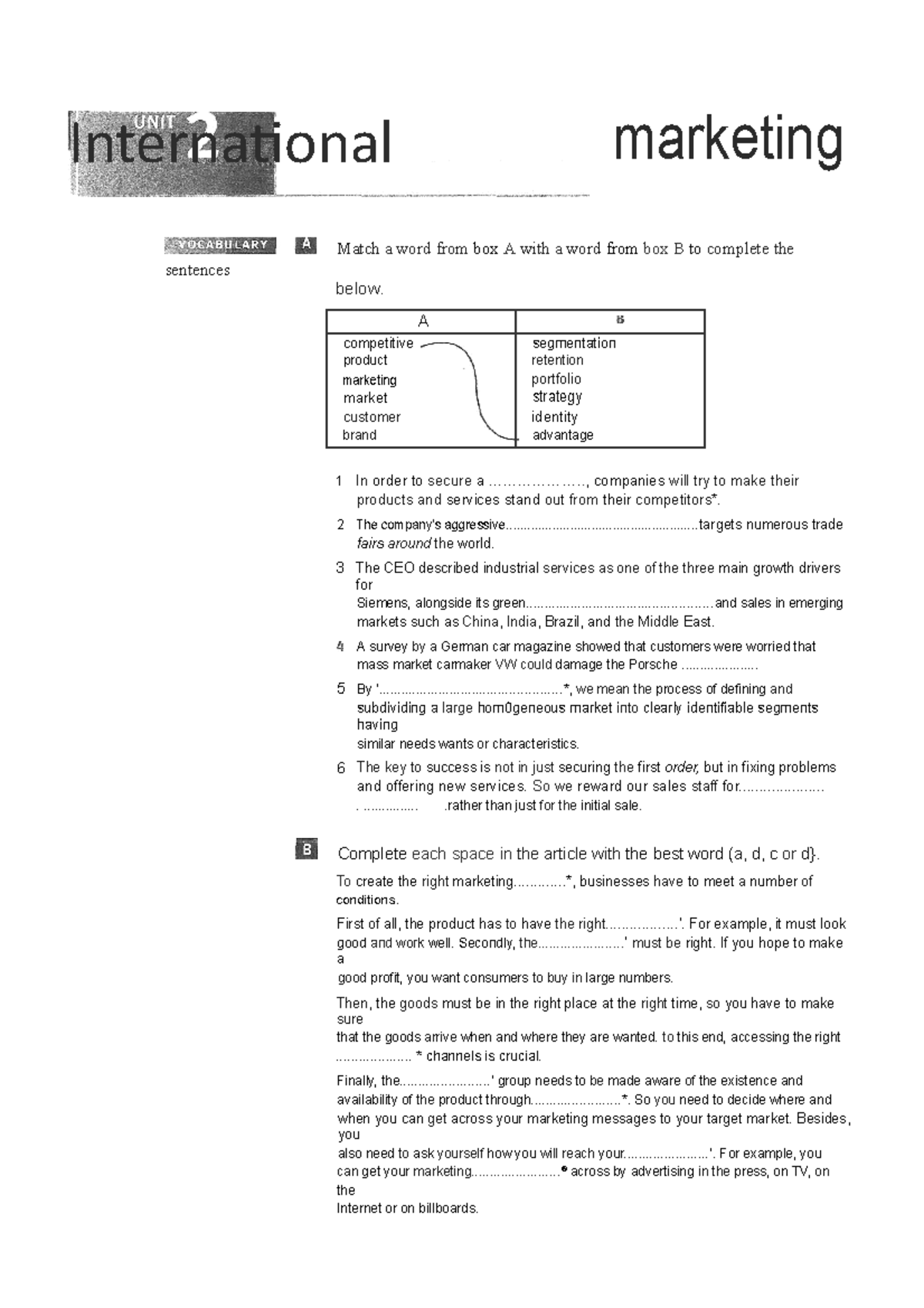 UNIT 2 - Vocabulary 1 - ejercicios para practicar - marketing Match a ...