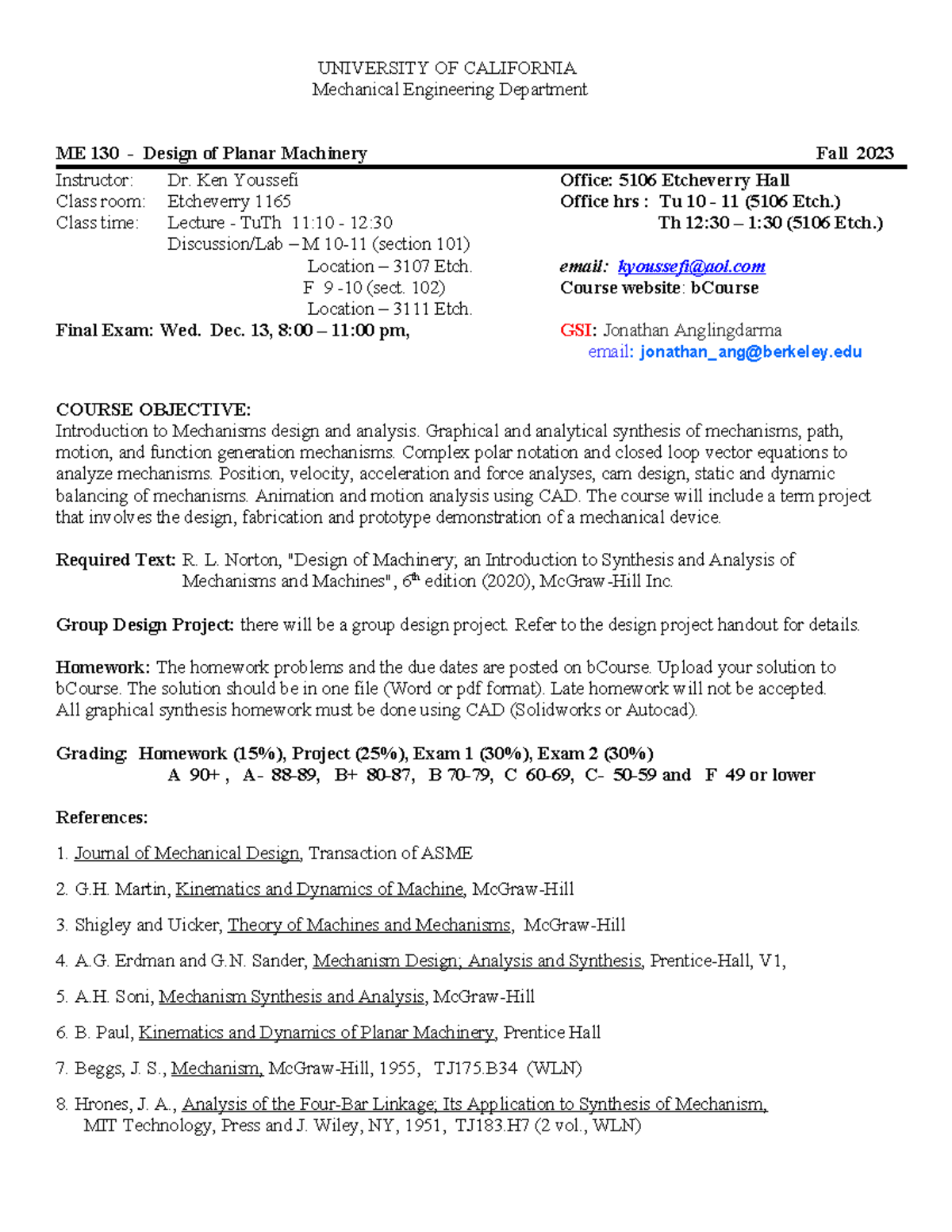 Sch F23 - aaaa - UNIVERSITY OF CALIFORNIA Mechanical Engineering ...