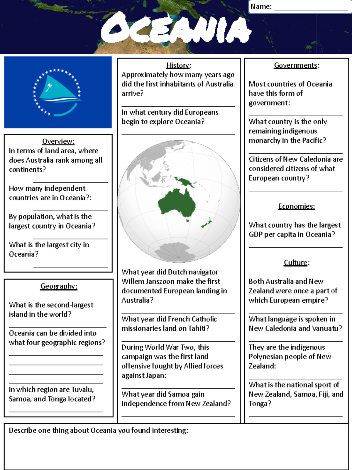 Copy of Oceania Worksheet 2 - Oceania Overview: In terms of land area ...