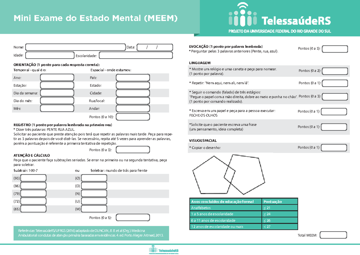 Mini exame do estado mental - MEEM - Mostre um relógio e uma caneta e ...