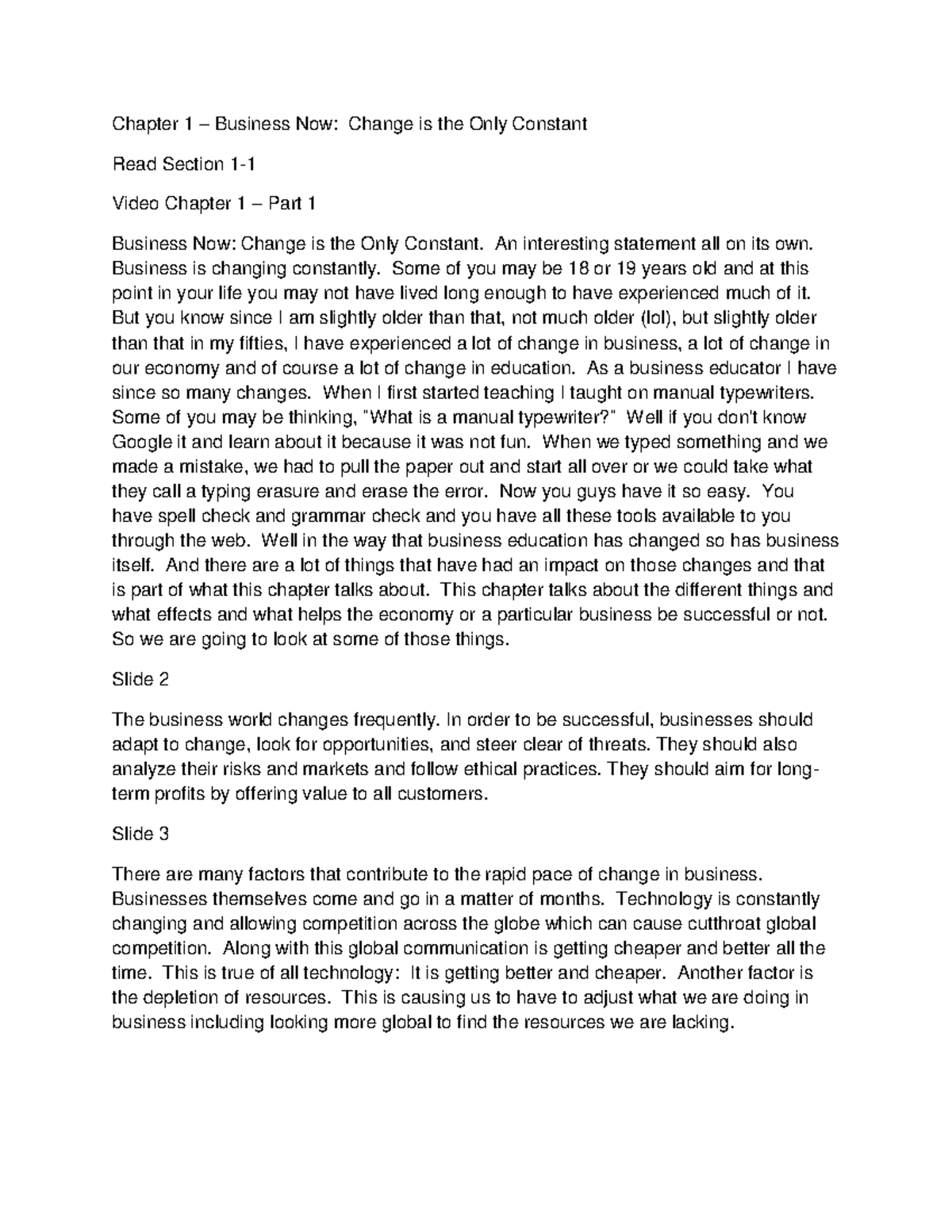 Chapter 1 - Part 1 Transcript - Chapter 1 – Business Now: Change is the Only Constant Read ...