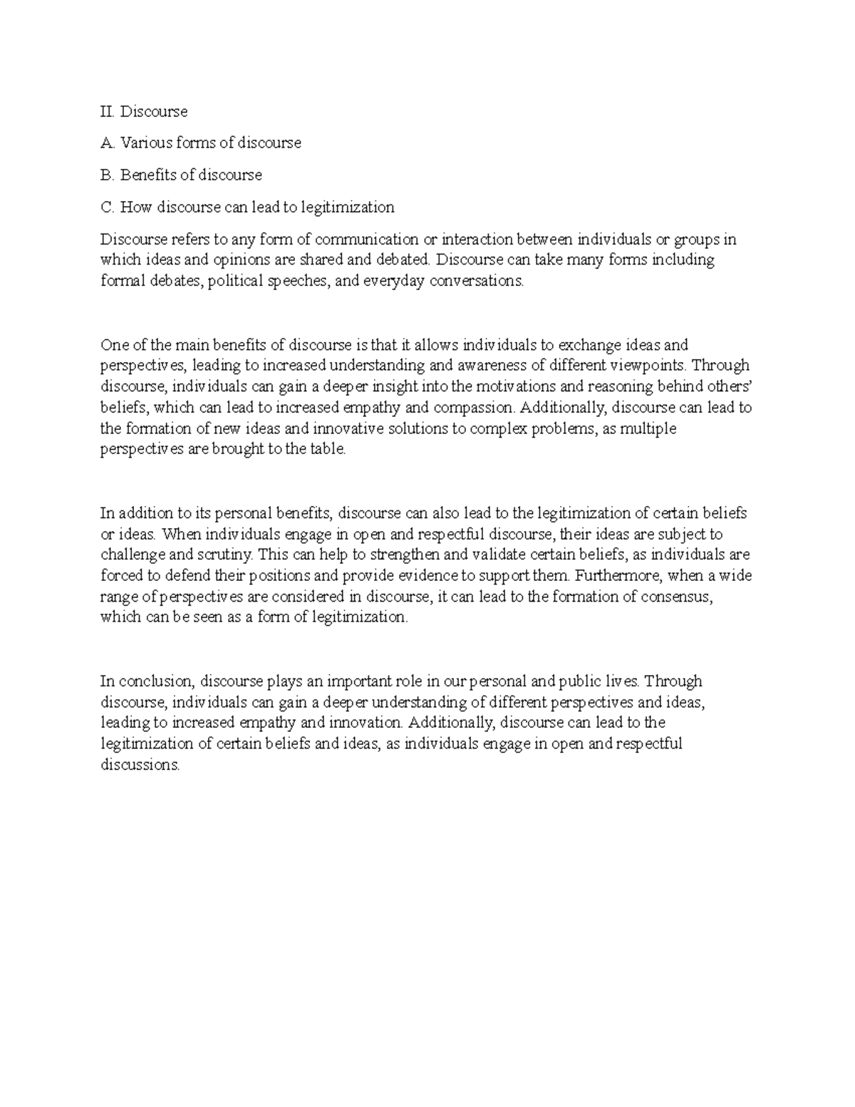 Discourse, legitimization, and responsibility 2 - II. Discourse A. Various forms of discourse B ...