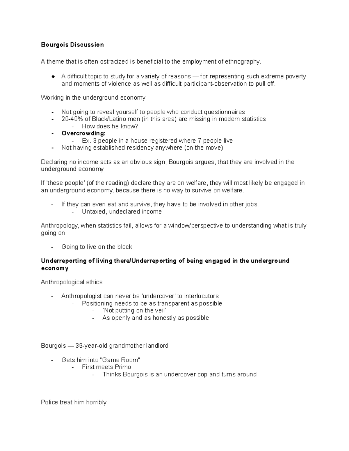 Class Notes (2/11/2020) - Bourgois Discussion A theme that is often ...