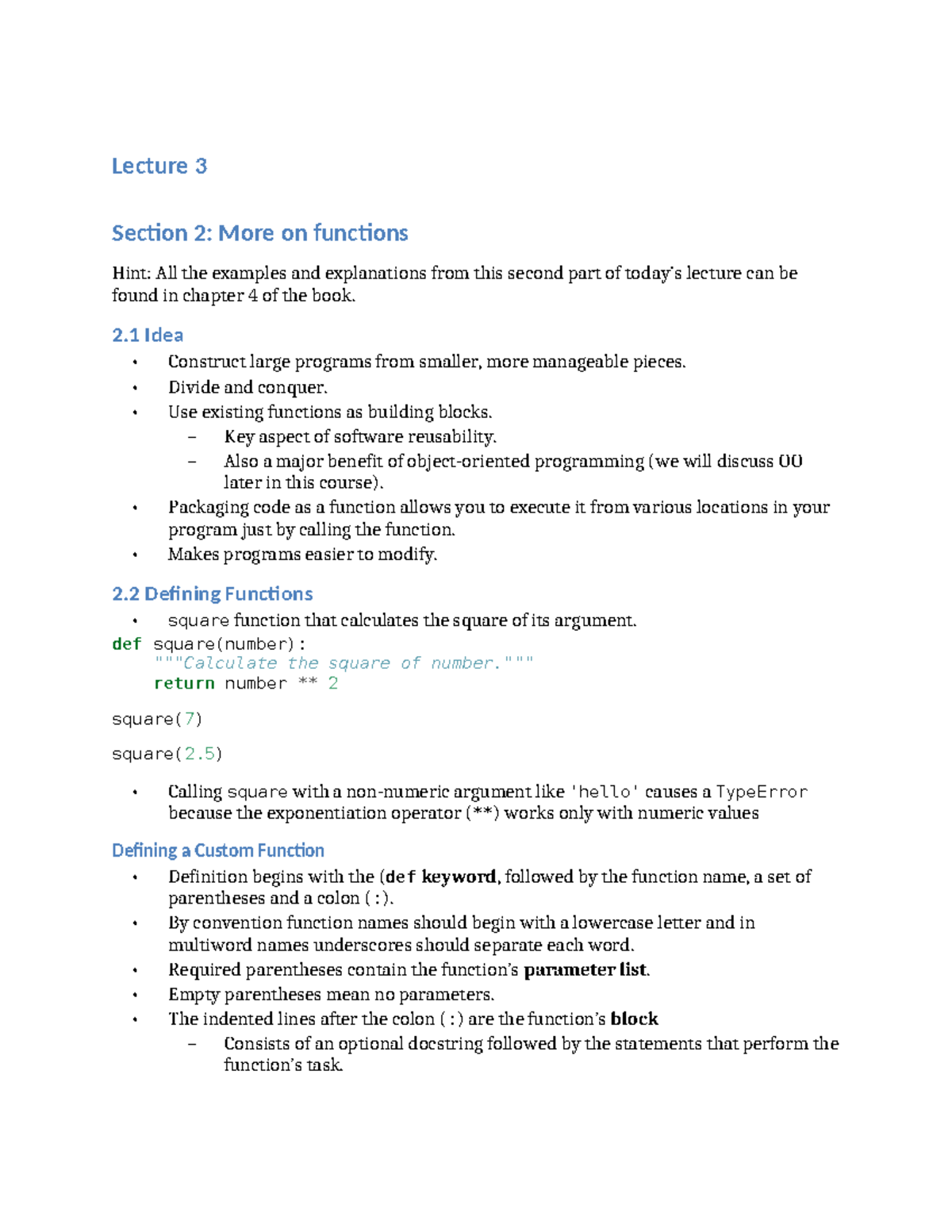 Vertopal - Lect3 - Lecture 3 Section 2: More on functions Hint: All the examples and ...