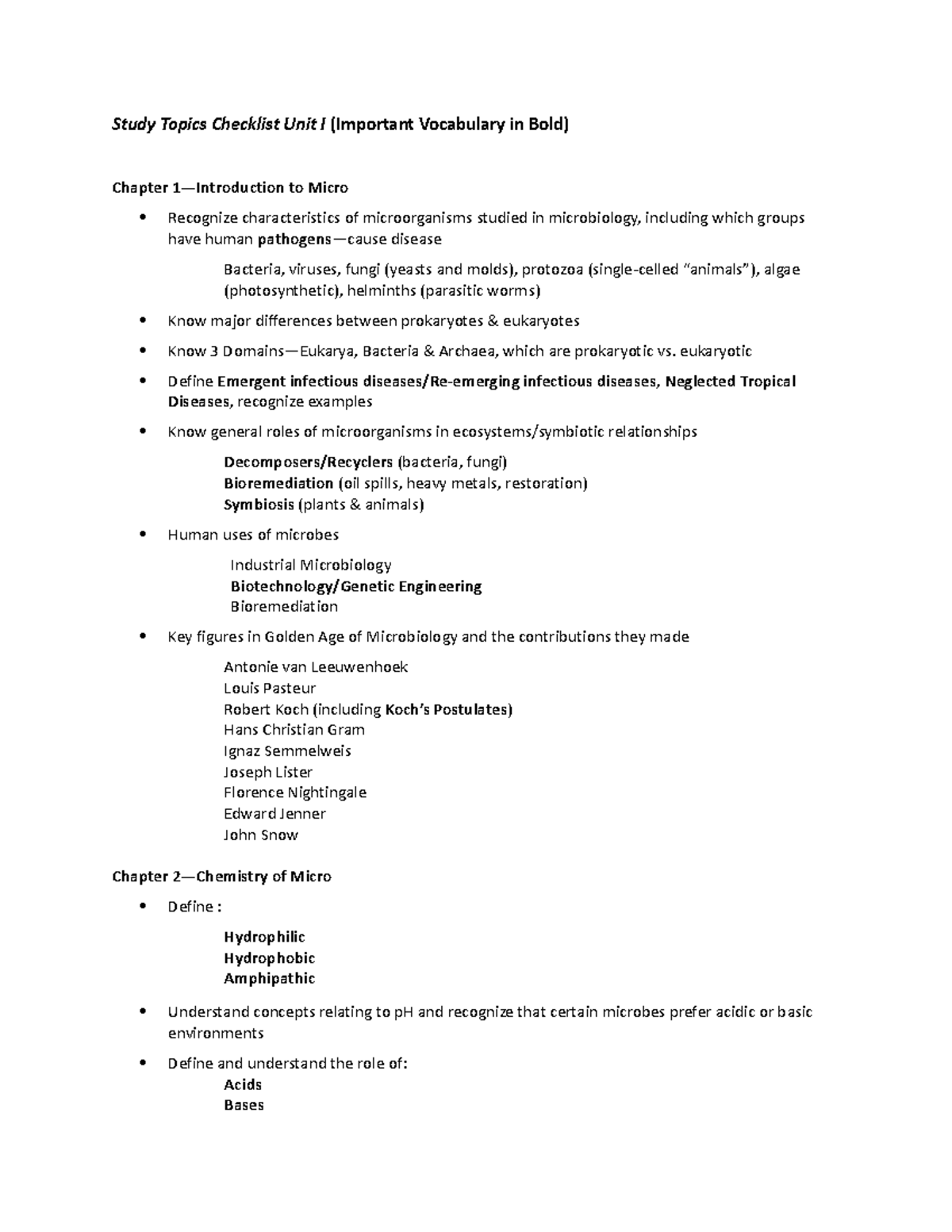 Study Topics Checklist Unit I - eukaryotic Define Emergent infectious ...