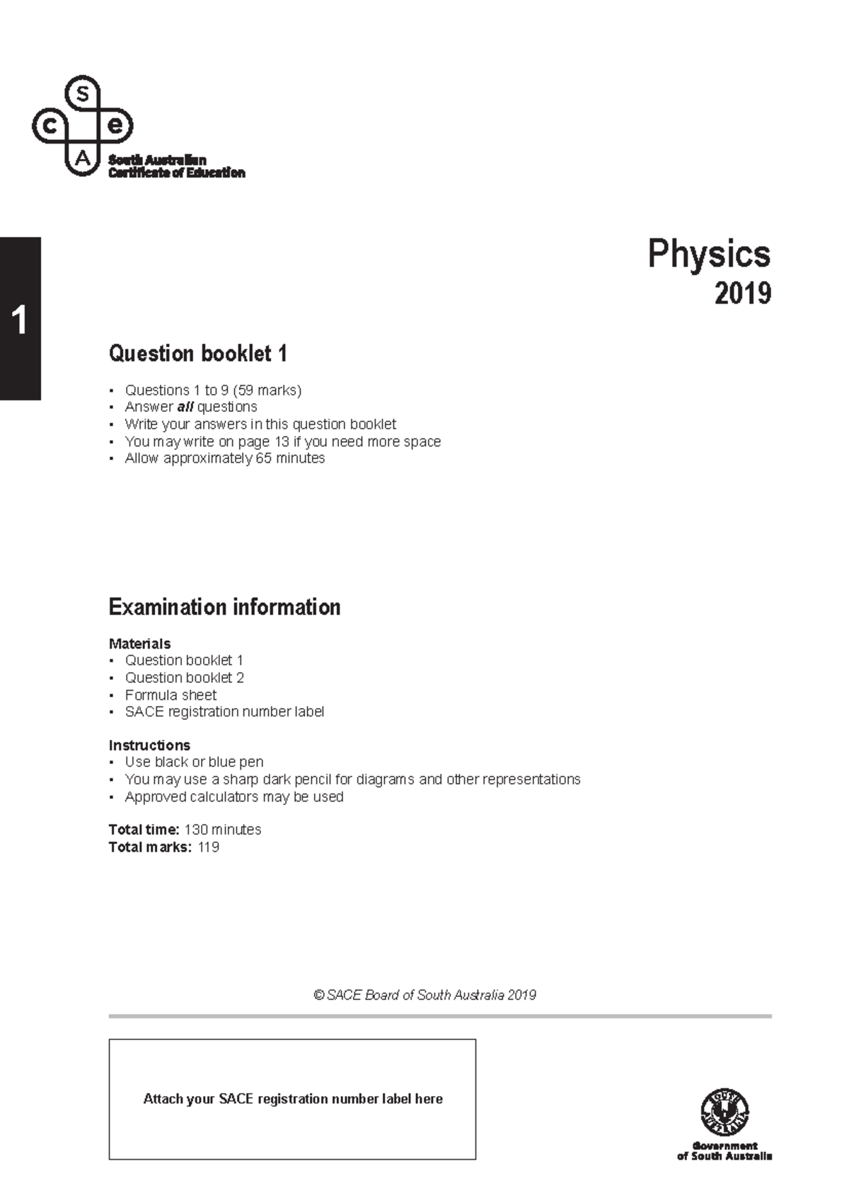 2019 Physics Exam - Physics 2019 1 Attach your SACE registration number ...