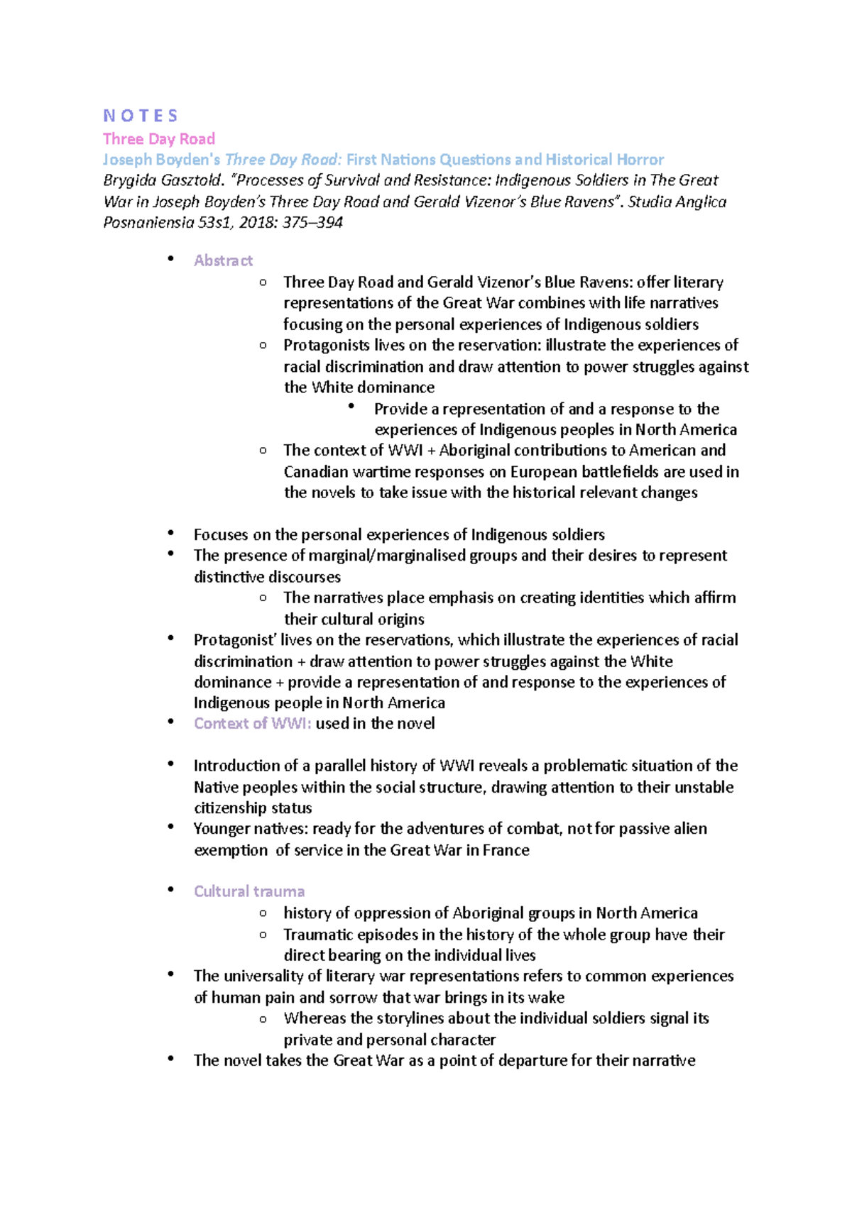 Three day road notes - N O T E S Three Day Road Joseph Boyden's Three ...