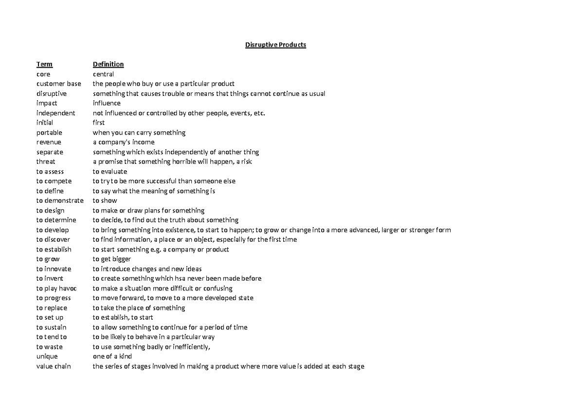 Lesson 2 Vocabulary List - Disruptive Products - Term Definition core ...