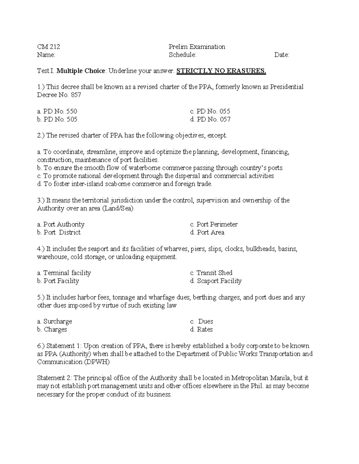 CM 212 Prelim Examination - Name: Schedule: Date: Test I. Multiple ...