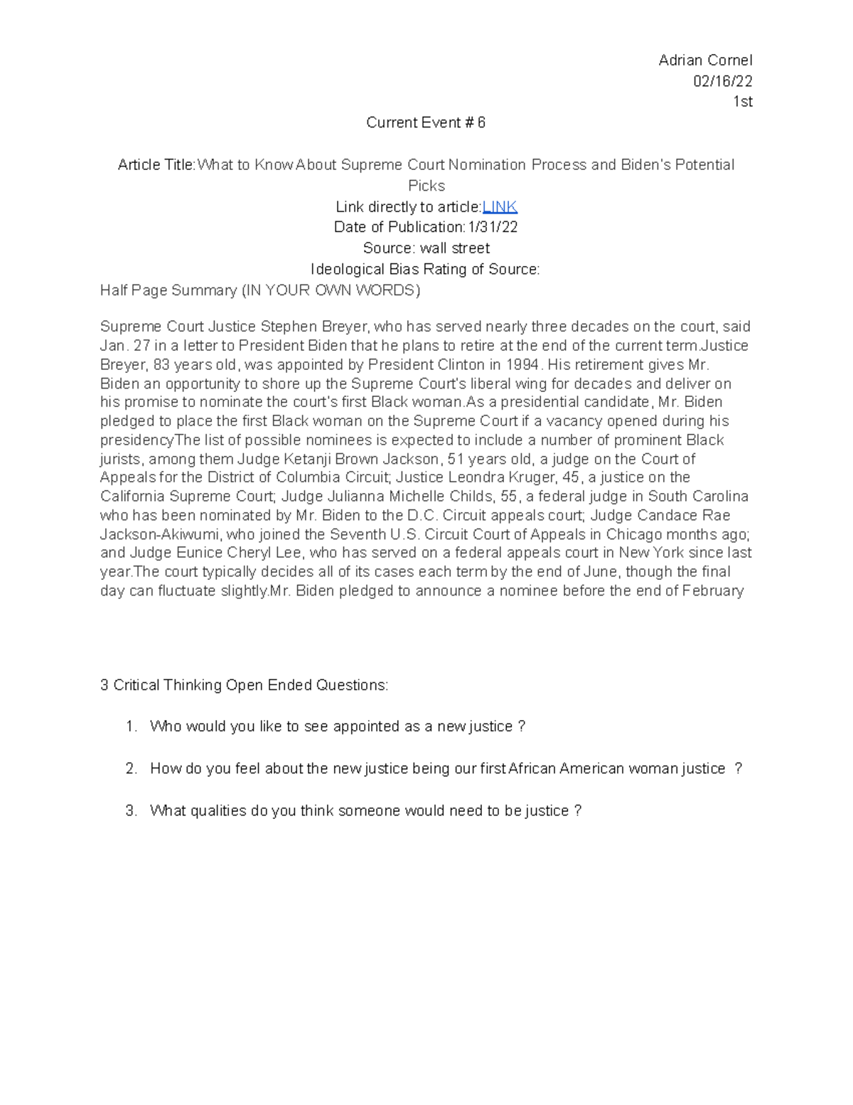 Adrian Cornel - Current Event Template v1 - Adrian Cornel 02/16/ 1st ...