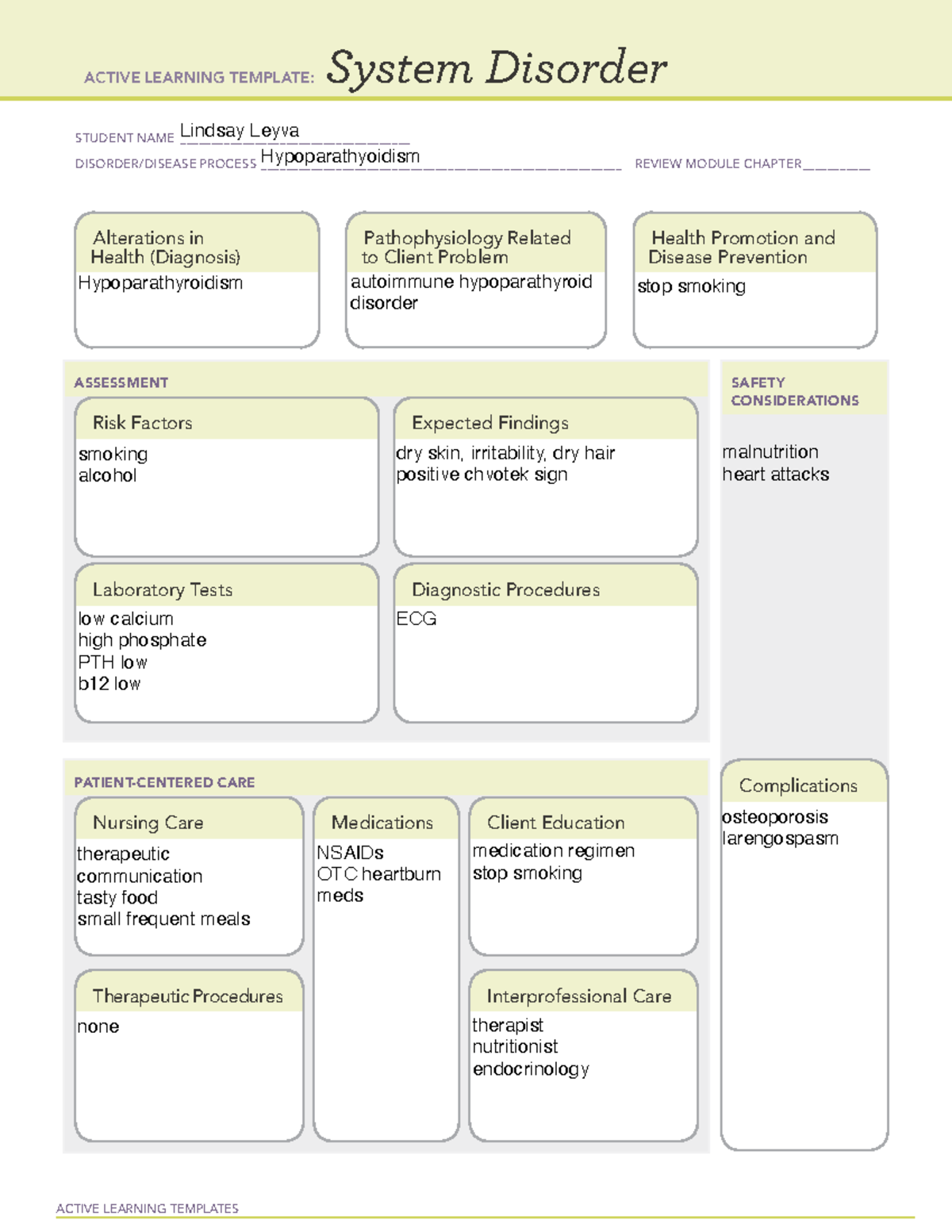 Hypoparathyroidism - notes - ACTIVE LEARNING TEMPLATES System Disorder ...