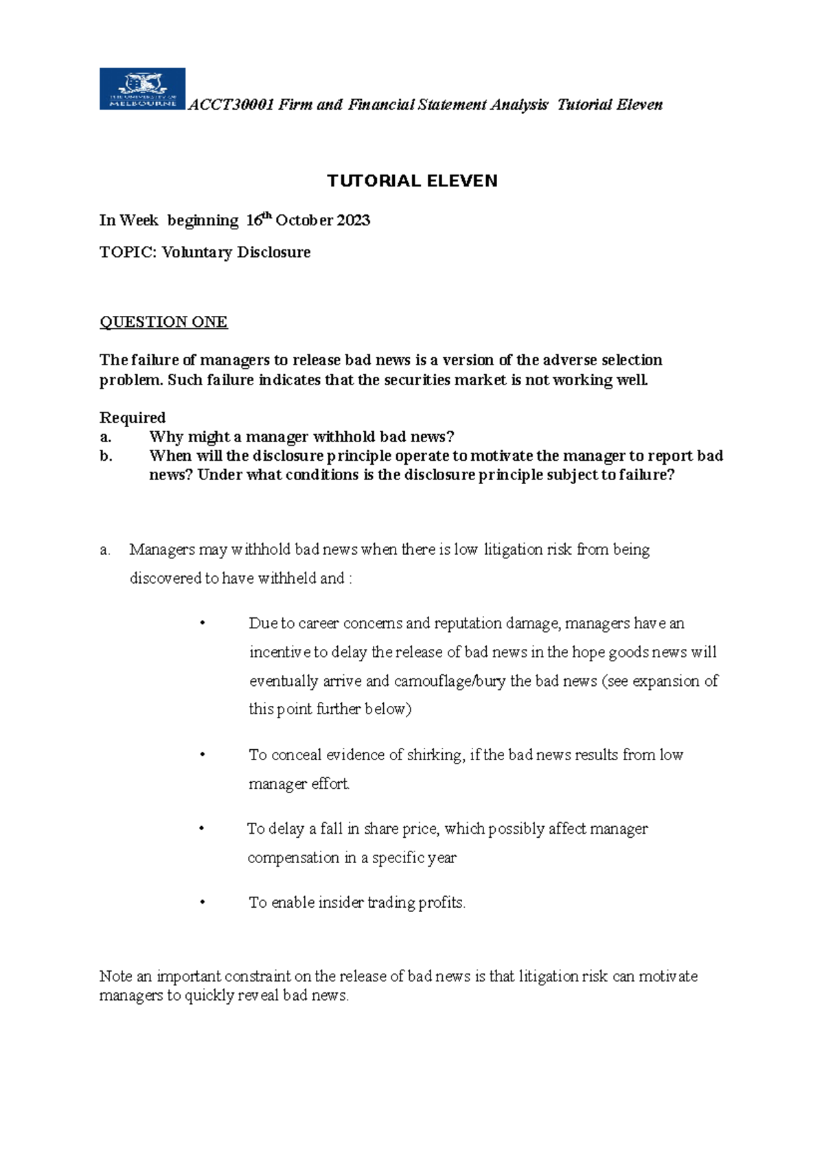 Tut11 Questions Solutions - TUTORIAL ELEVEN In Week beginning 16th ...