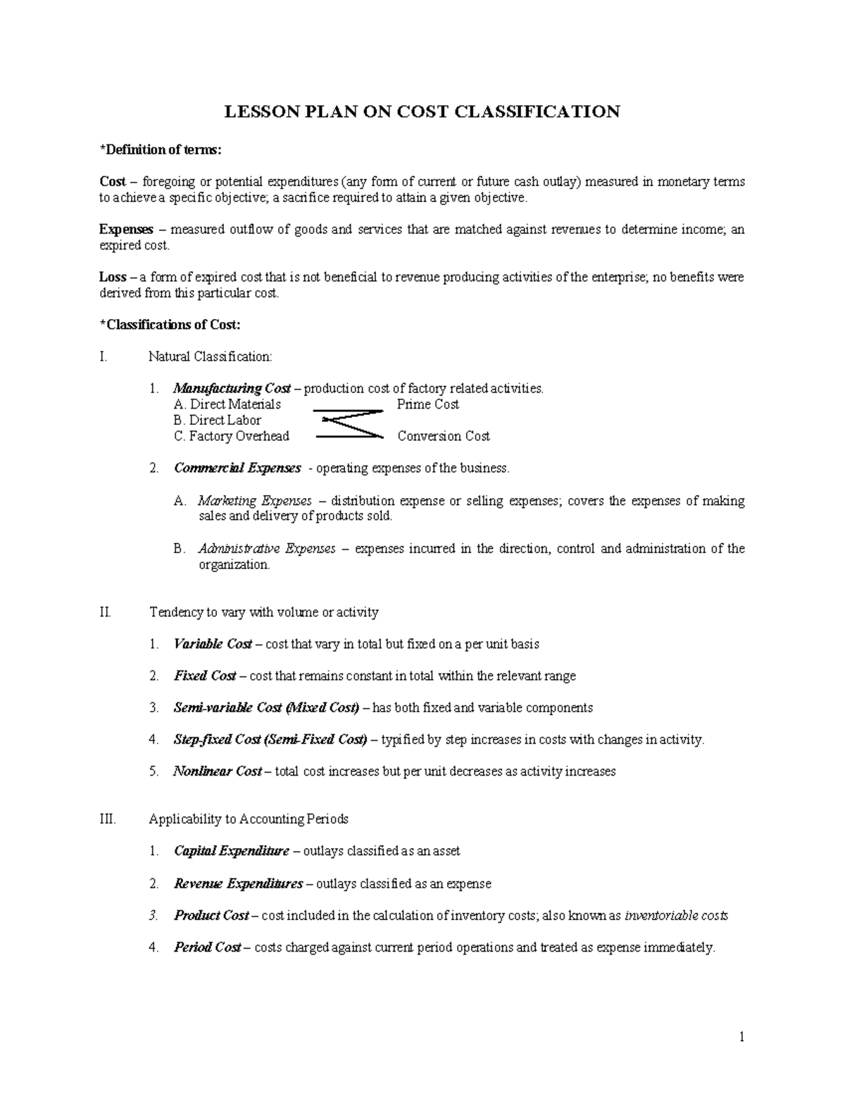 Lecture Notes on Cost Concepts and Classification - LESSON PLAN ON COST ...