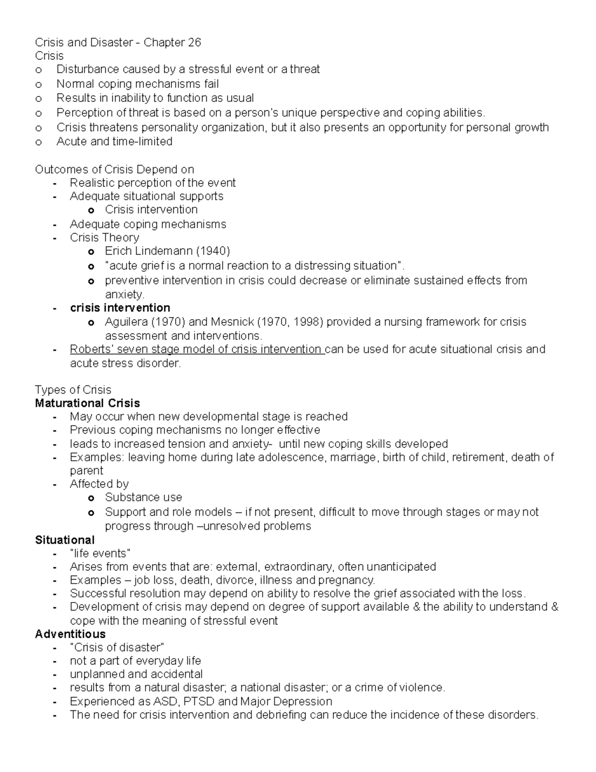 Crisis and Disaster notes - Crisis o Disturbance caused by a stressful ...