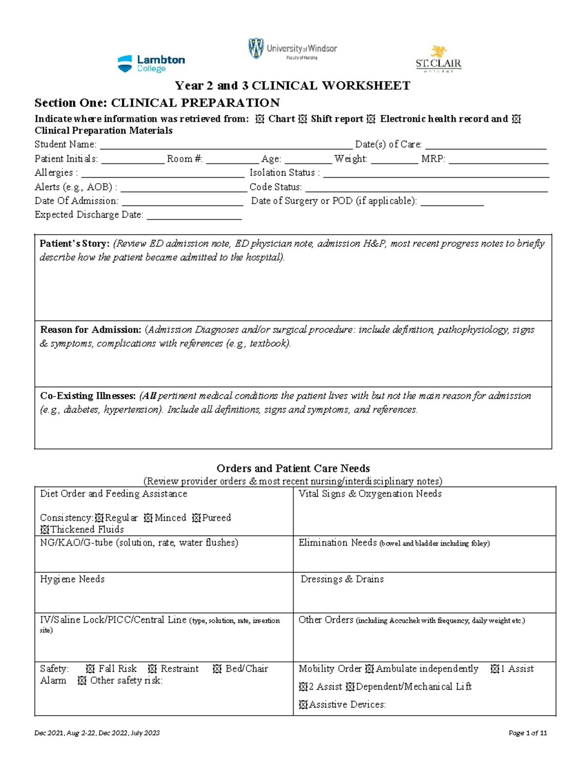 YEAR 2 & 3 Clinical Worksheet with Care Plan 2023 - Year 2 and 3 ...
