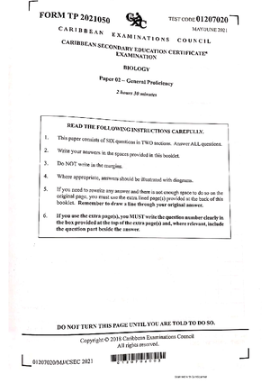 CSEC Biology 2022 P1-2 - Past papers - Cape Biology Unit 2 - Studocu