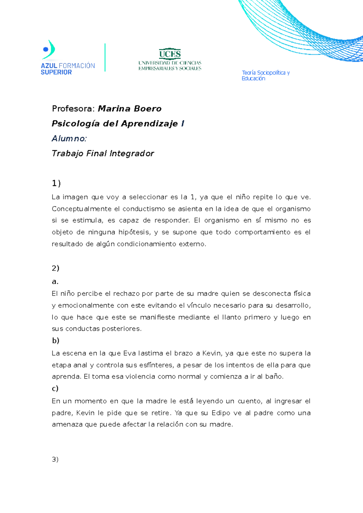 PSI1TF - gfjdf - Teoría Sociopolítica y Educación Profesora: Marina Boero Psicología del ...