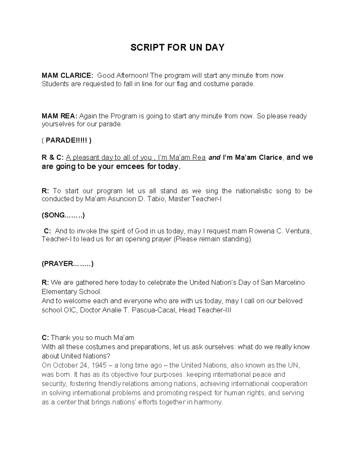 UN Emcee Script DOC - SCRIPT FOR UN DAY MAM CLARICE: Good Afternoon ...