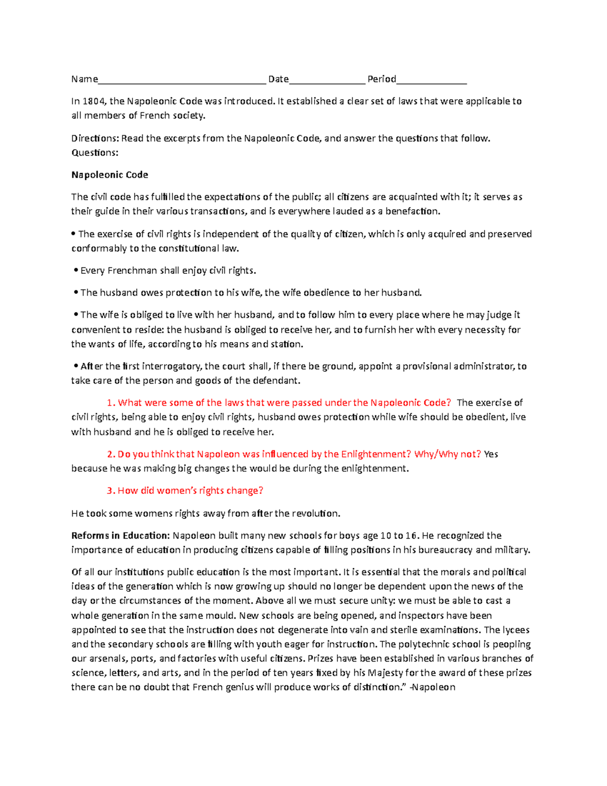 Napoleonic Code ANSWER KEY HELPPP AND - Name ...