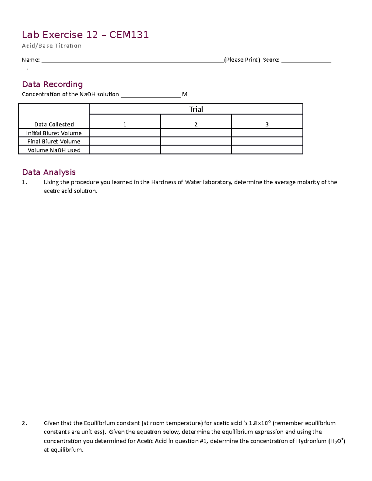 Lab Report 12 - Lab Exercise 12 – CEM Acid/Base Titration Name: - Studocu