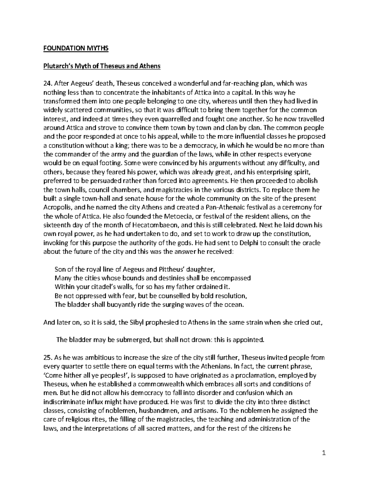 Foundation Myths - FOUNDATION MYTHS Plutarch’s Myth of Theseus and ...