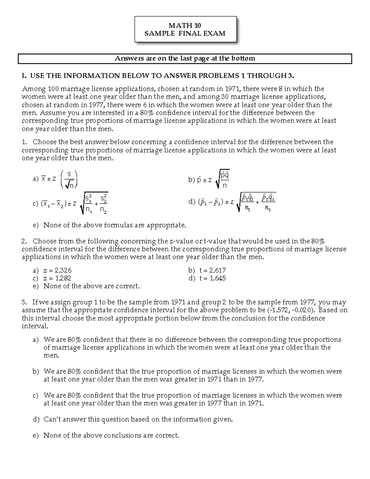 10 sample final - MATH 10 SAMPLE FINAL EXAM Answers are on the last ...