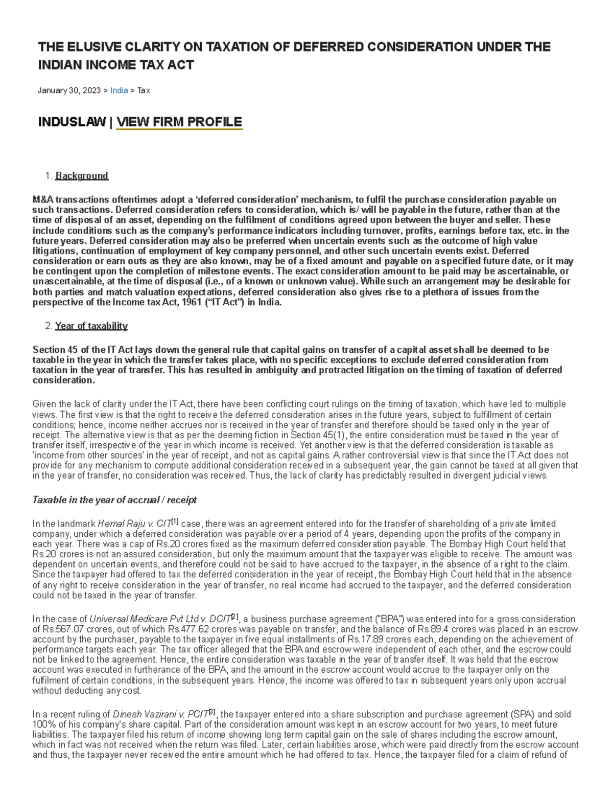 The elusive clarity on taxation of deferred consideration under the ...