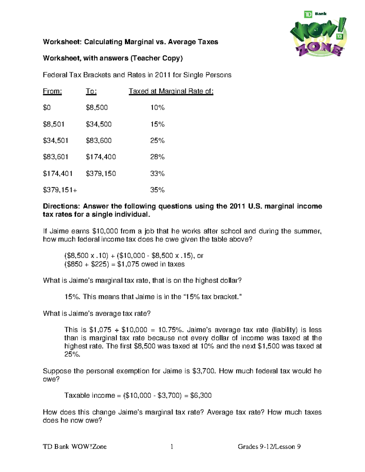 Taxes Answer KEY - TD Bank WOW!Zone 1 Grades 9-12/Lesson 9 Worksheet ...