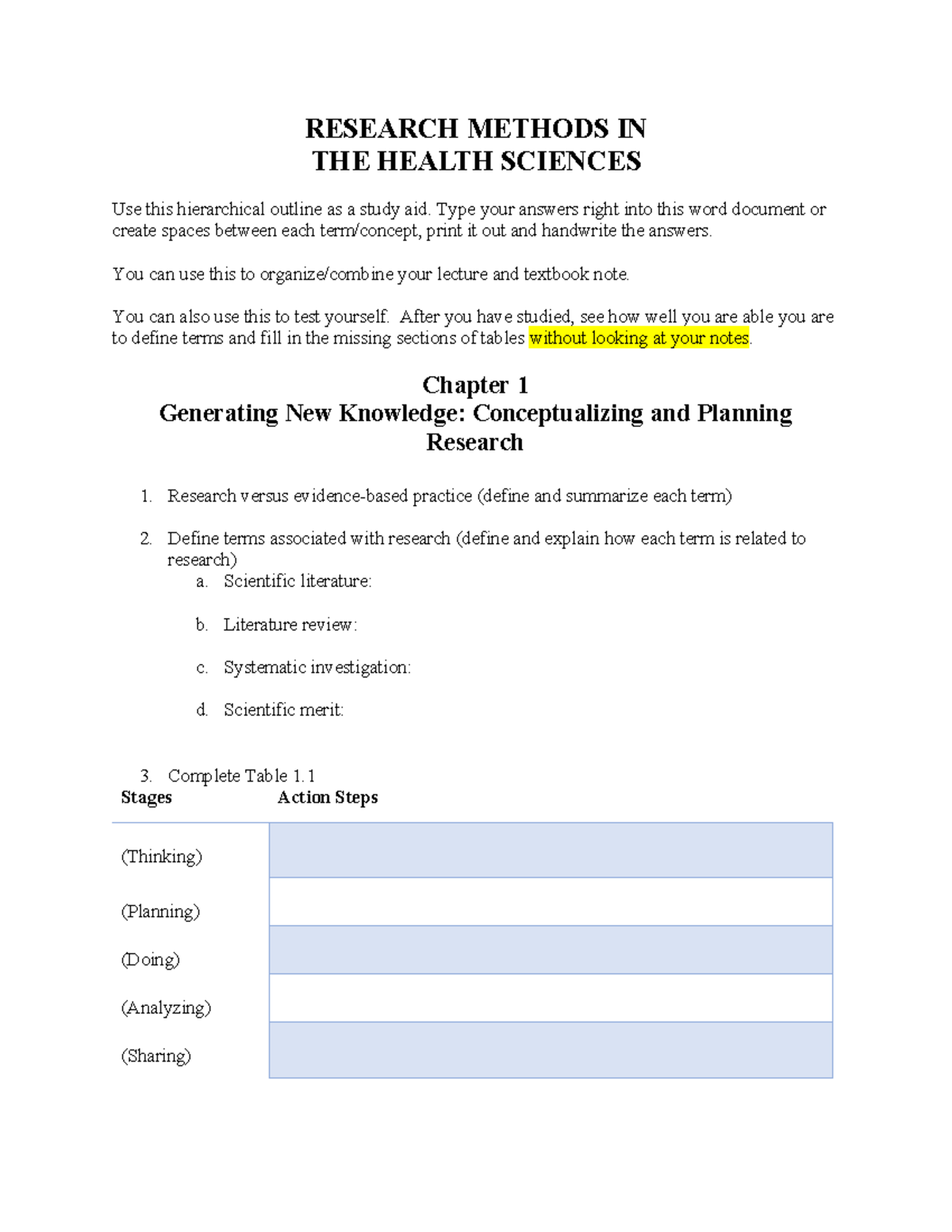 Study Guide Outline Chapter 1- 10 - RESEARCH METHODS IN THE HEALTH SCIENCES Use this ...