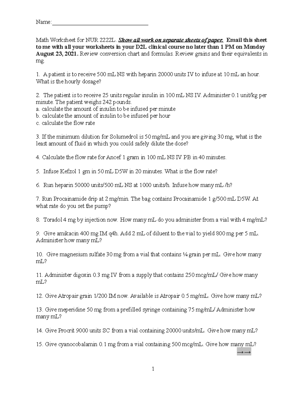 Math Worksheet NUR 2222L - Name:________________________________ Math ...