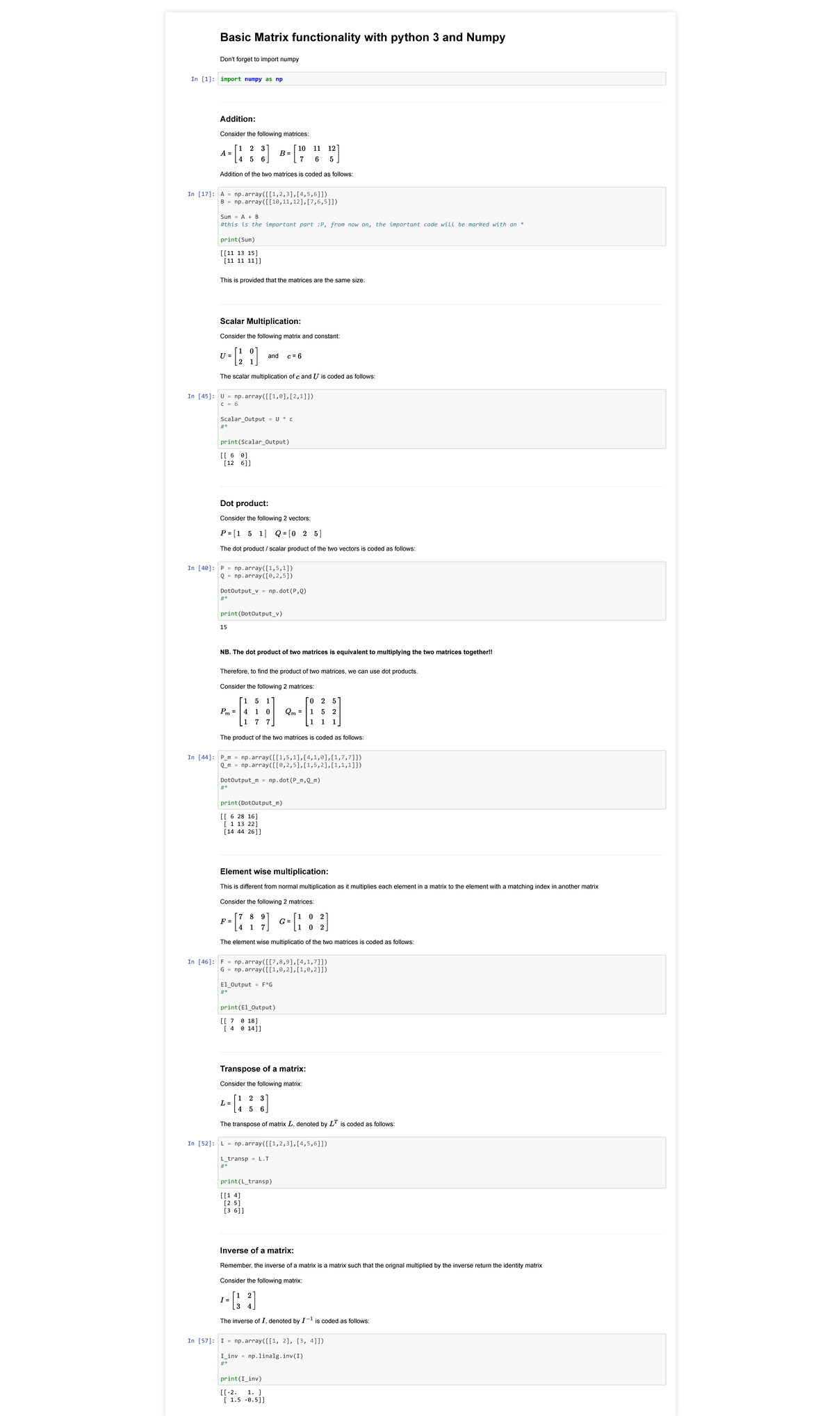 Matrix Operations Matrices Basic Matrix Functionality With Python 3 And Numpy Dont Forget