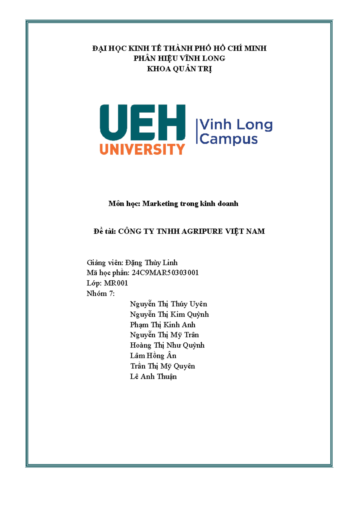 Final Công ty TNHH Agripure VIỆT NAM - ĐẠI HỌC KINH TẾ THÀNH PHỐ HỒ CHÍ ...