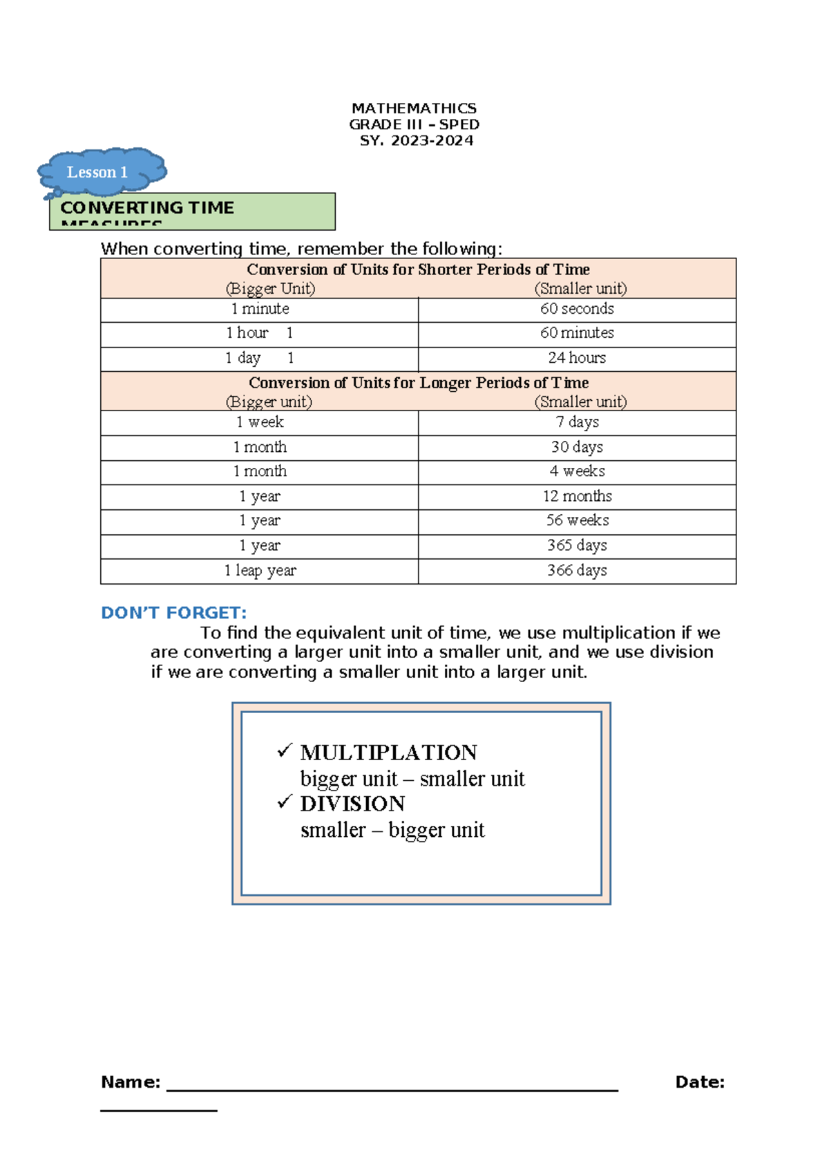 Grade 3 - Mathematics - MATHEMATHICS GRADE III – SPED SY. 2023- When ...