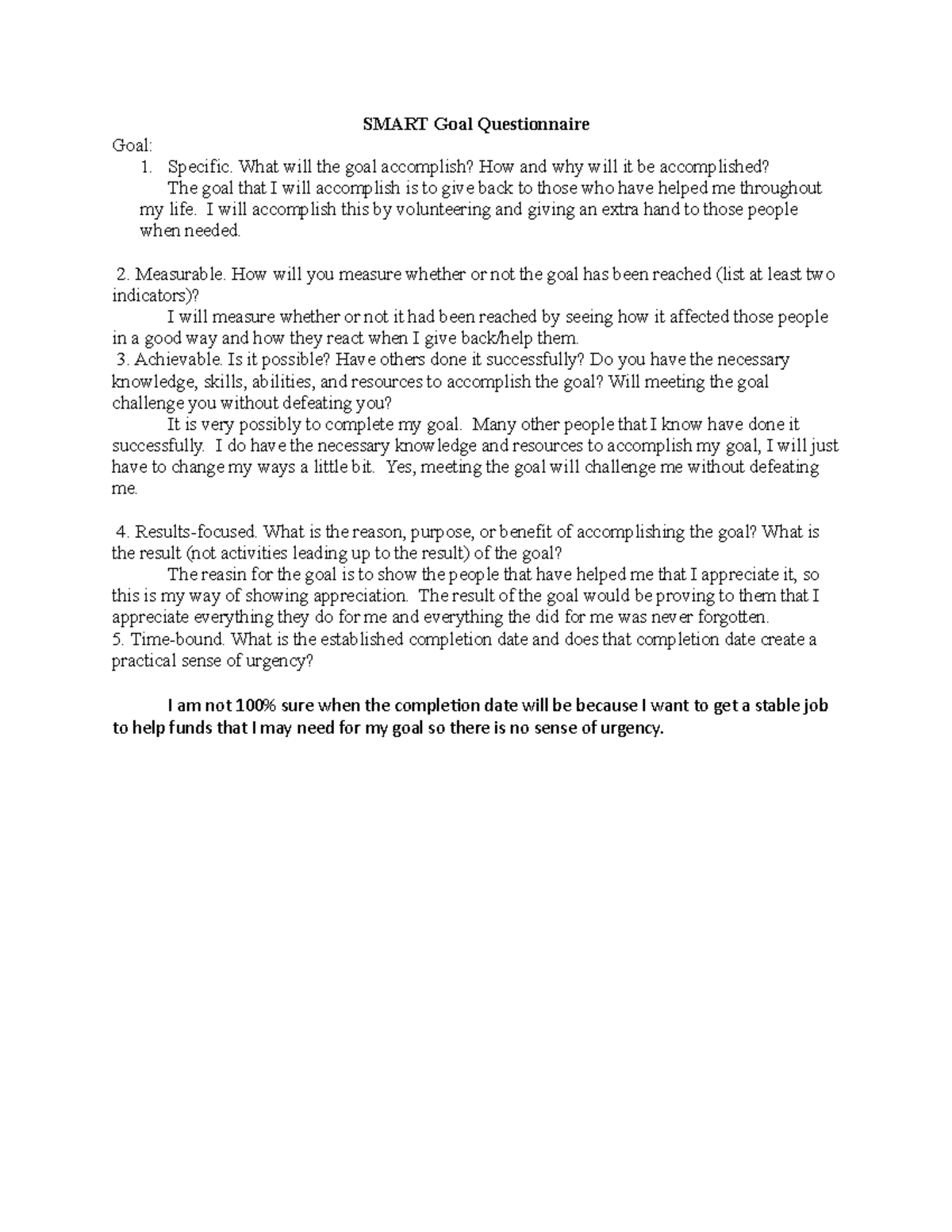 Smart Goal Questionnaire - SMART Goal Questionnaire Goal: Specific ...