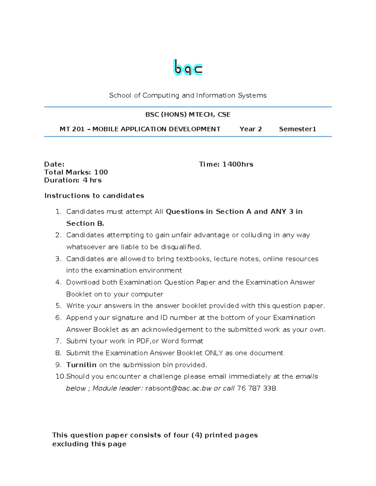 MT201 sup Examination question 2020 - School of Computing and Information Systems BSC (HONS ...