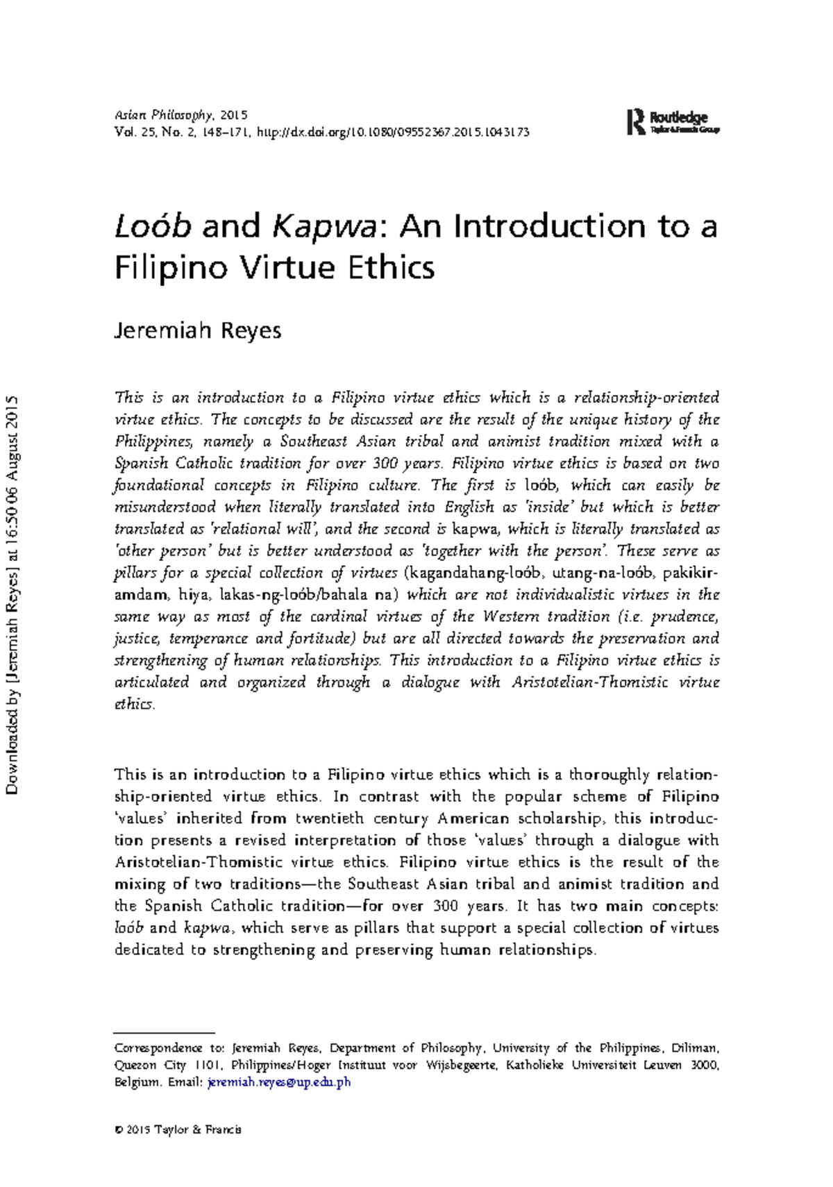 Reyes+J+Loob+and+Kapwa An+Introduction+to+a+Filipino+Virtue+Ethics ...