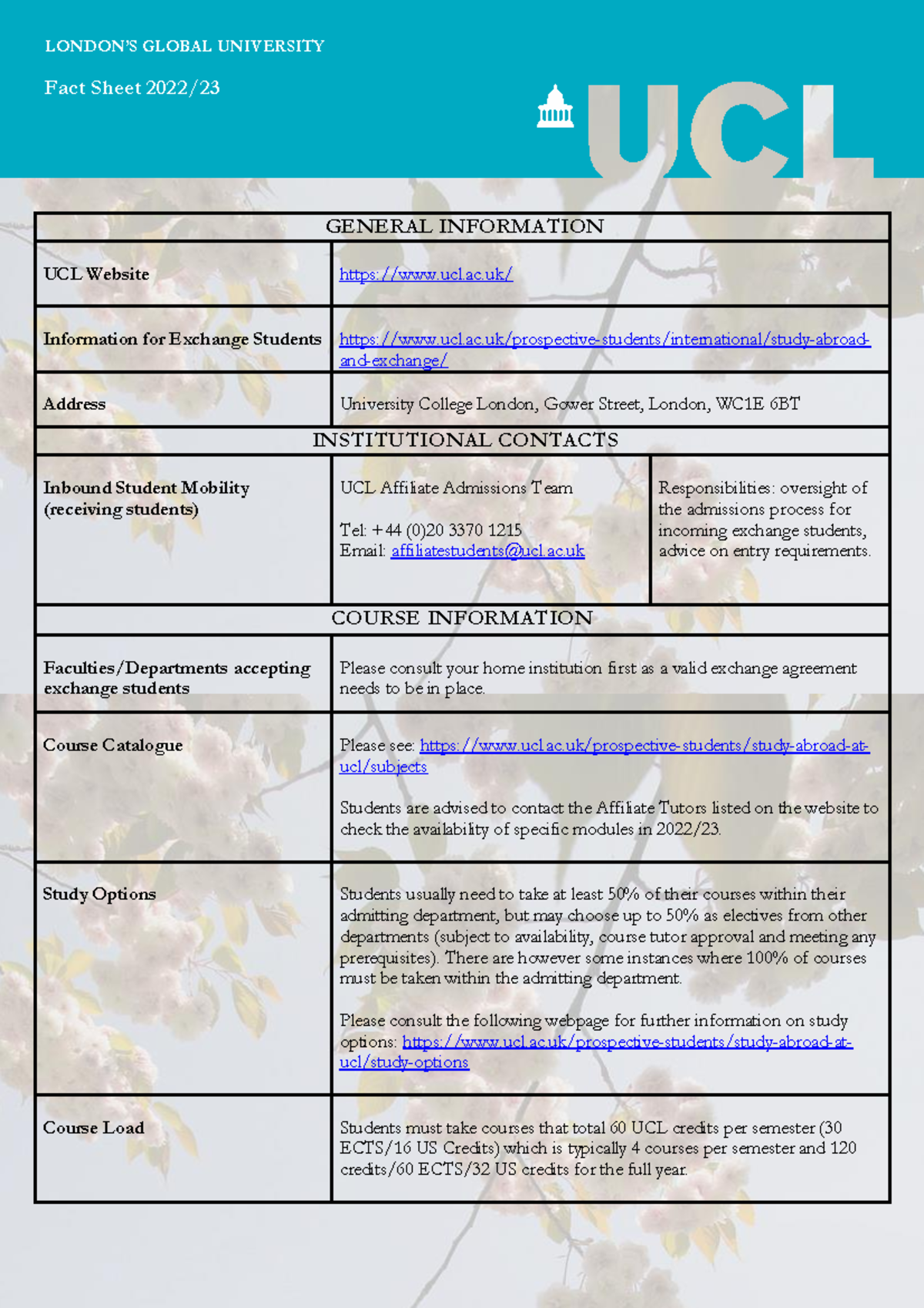 2022-23 UCL Fact Sheet (Students) - GENERAL INFORMATION UCL Website ucl ...