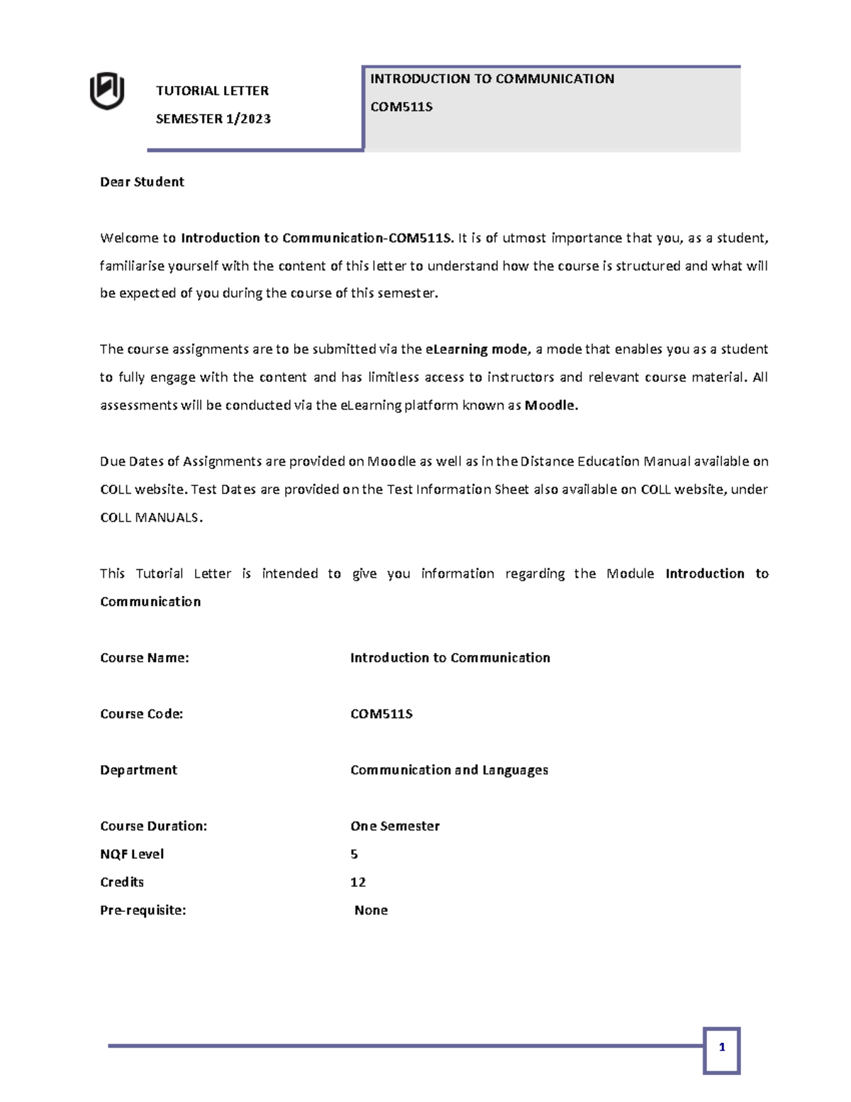 Communications - communication assessment - TUTORIAL LETTER SEMESTER 1/ ...